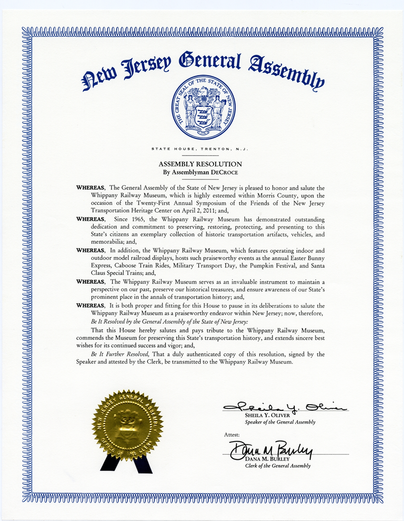 NJ Assembly Proclamation – Whippany Railway Museum